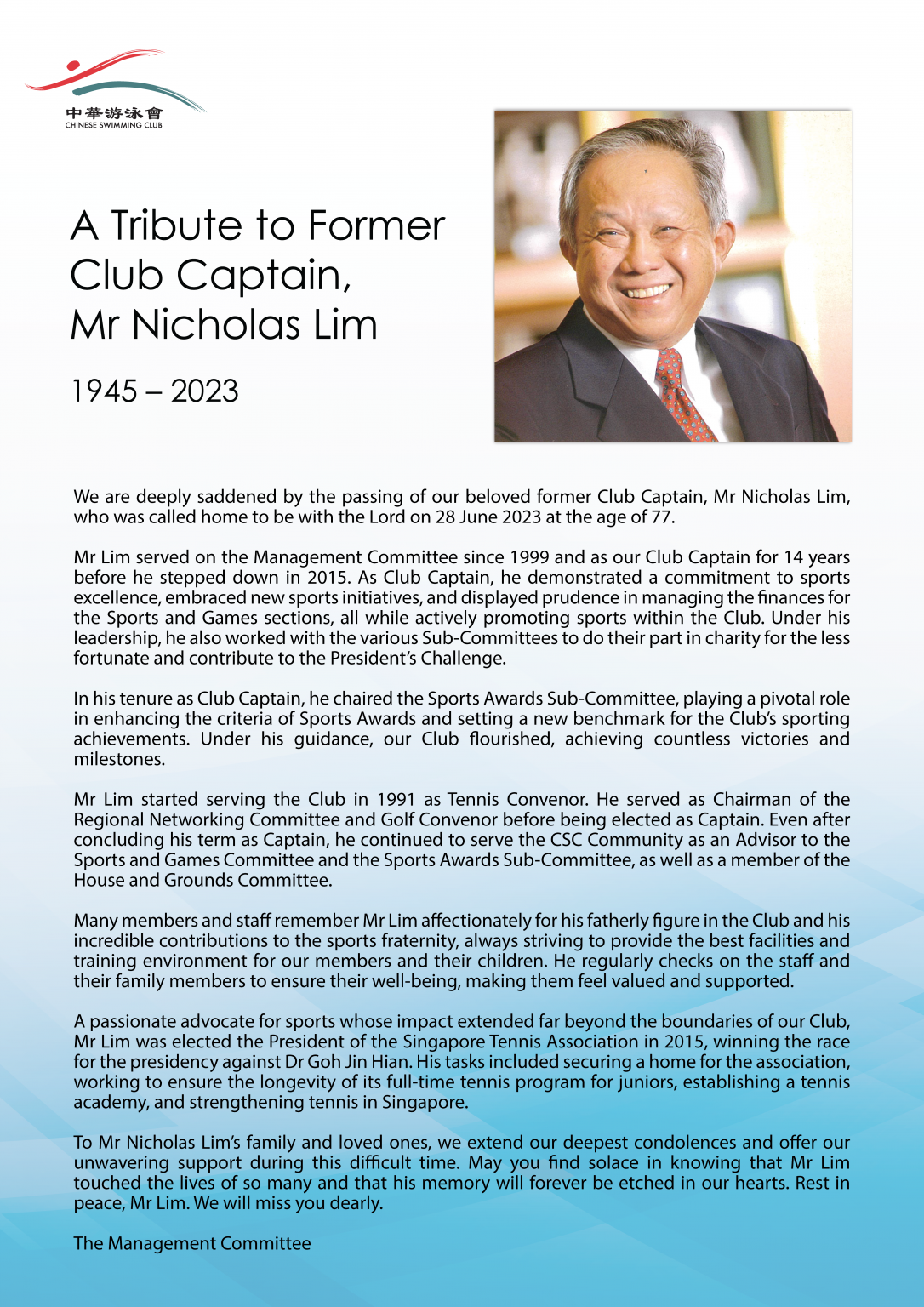 A Tribute to Former Club Captain, Mr Nicholas Lim – Chinese Swimming Club